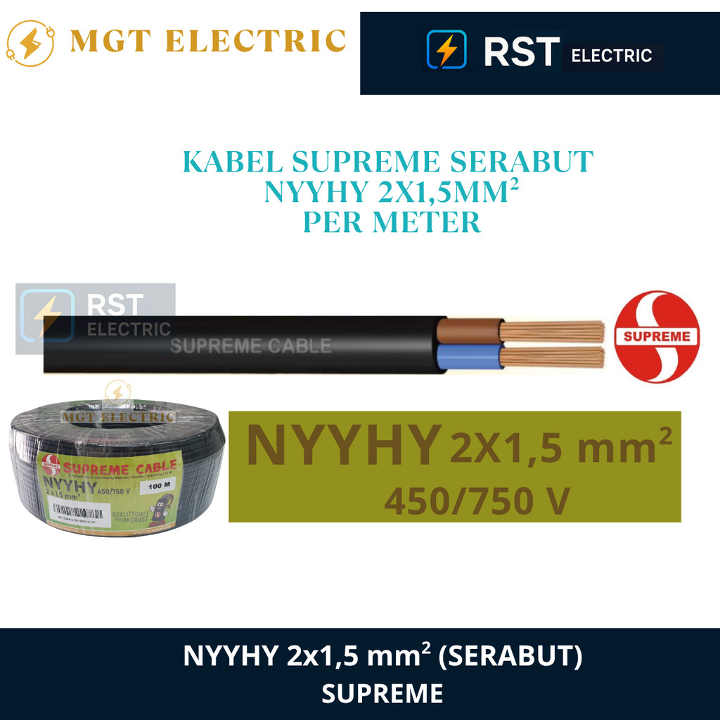 Jual KABEL SUPREME NYYHY 2X1.5MM SERABUT HITAM 2X1,5 MM ECERAN METERAN ...