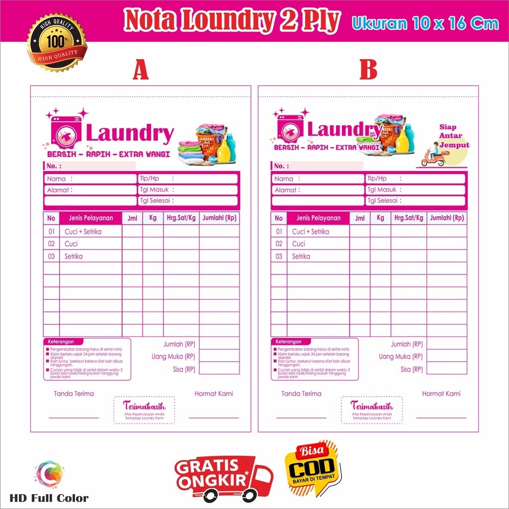 Jual nota loundry 2 rangkap ukuran 10,5 x 16,5 Cm nota bon londry 2 ply ...