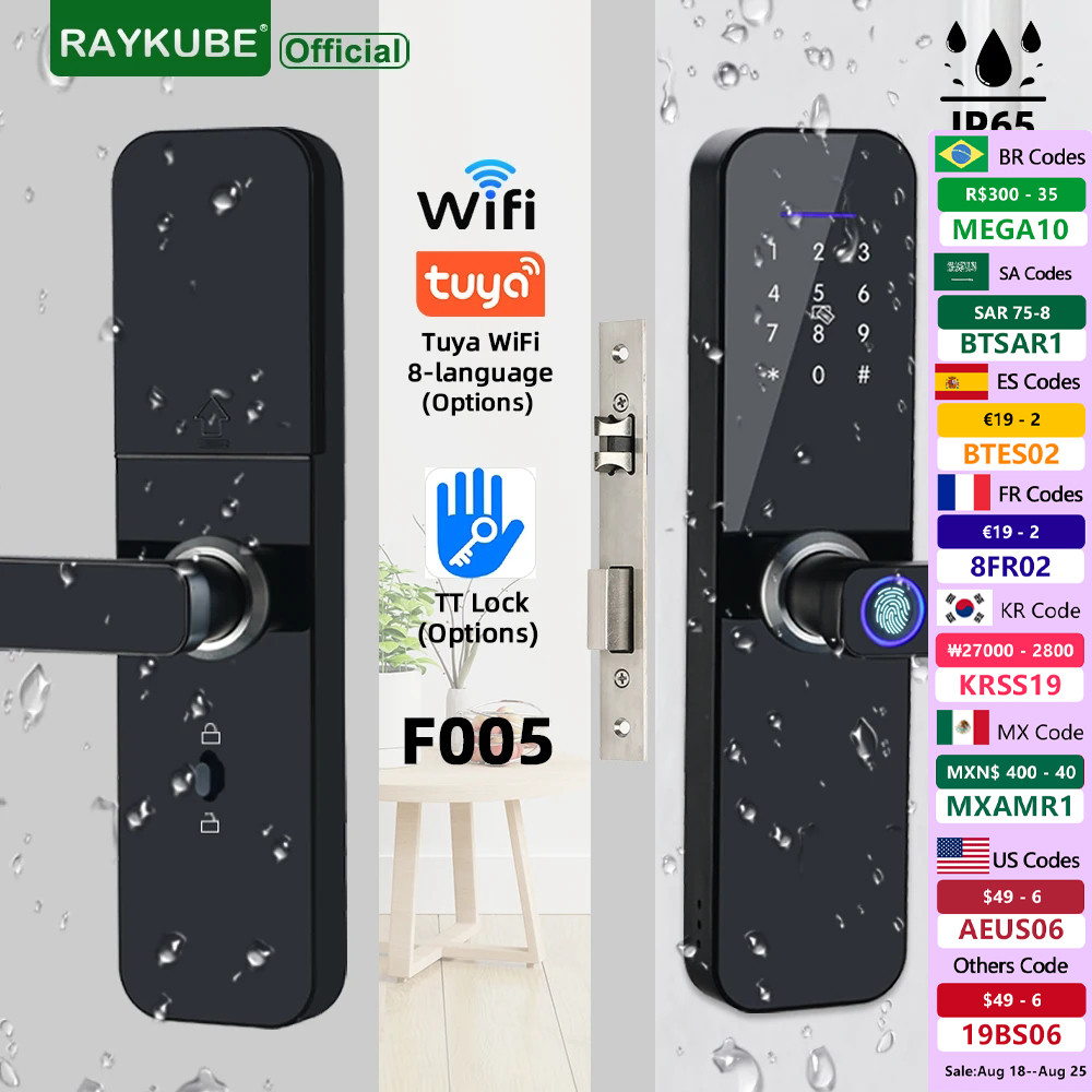Jual RAYKUBE F005 IP65 Waterproof Tuya Wifi/ TT Lock Electronic Smart Door Lock With Fingerprint ...