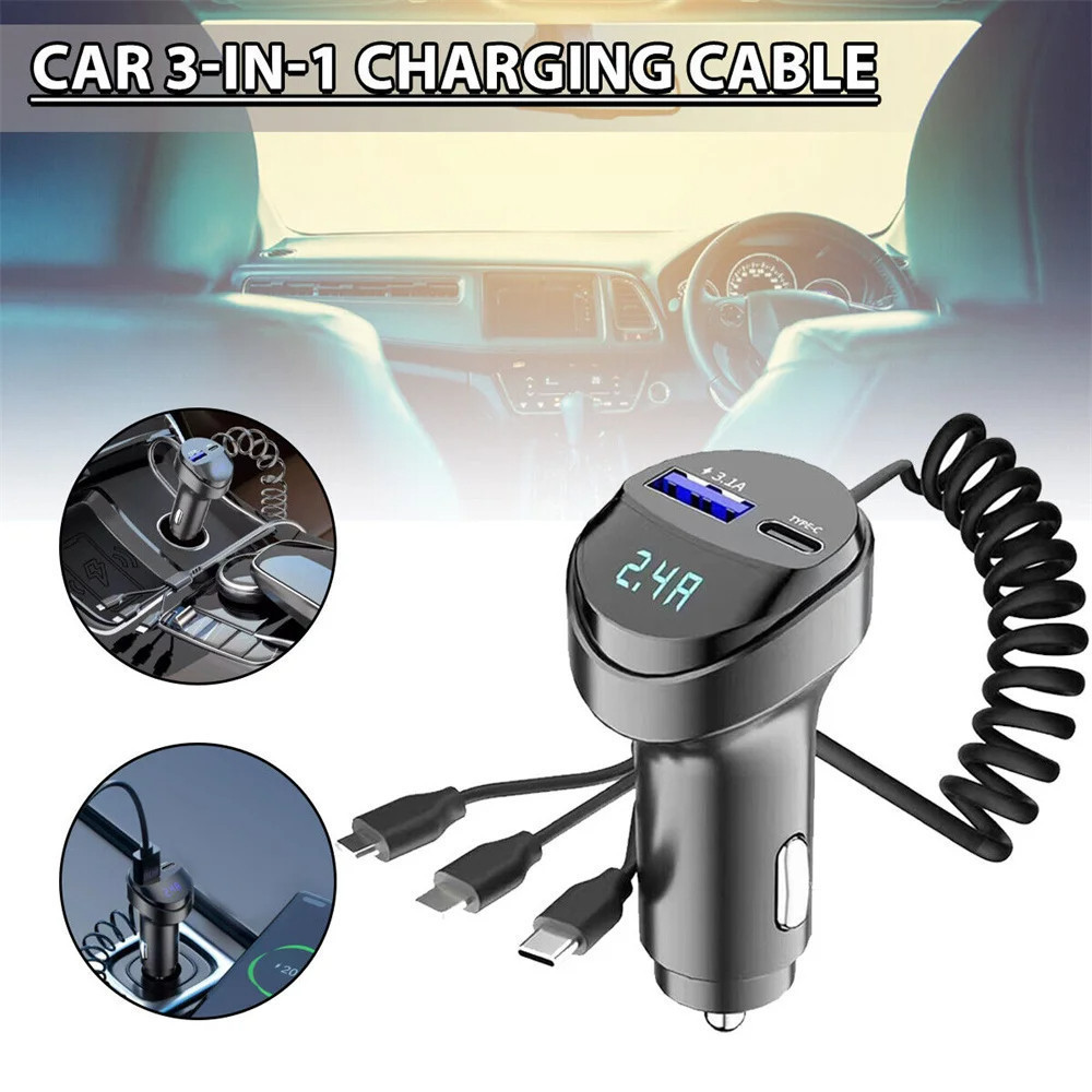 Jual Dual USB Car Charger with 3IN1 Spring Cable 12V 24V Fast Charging ...