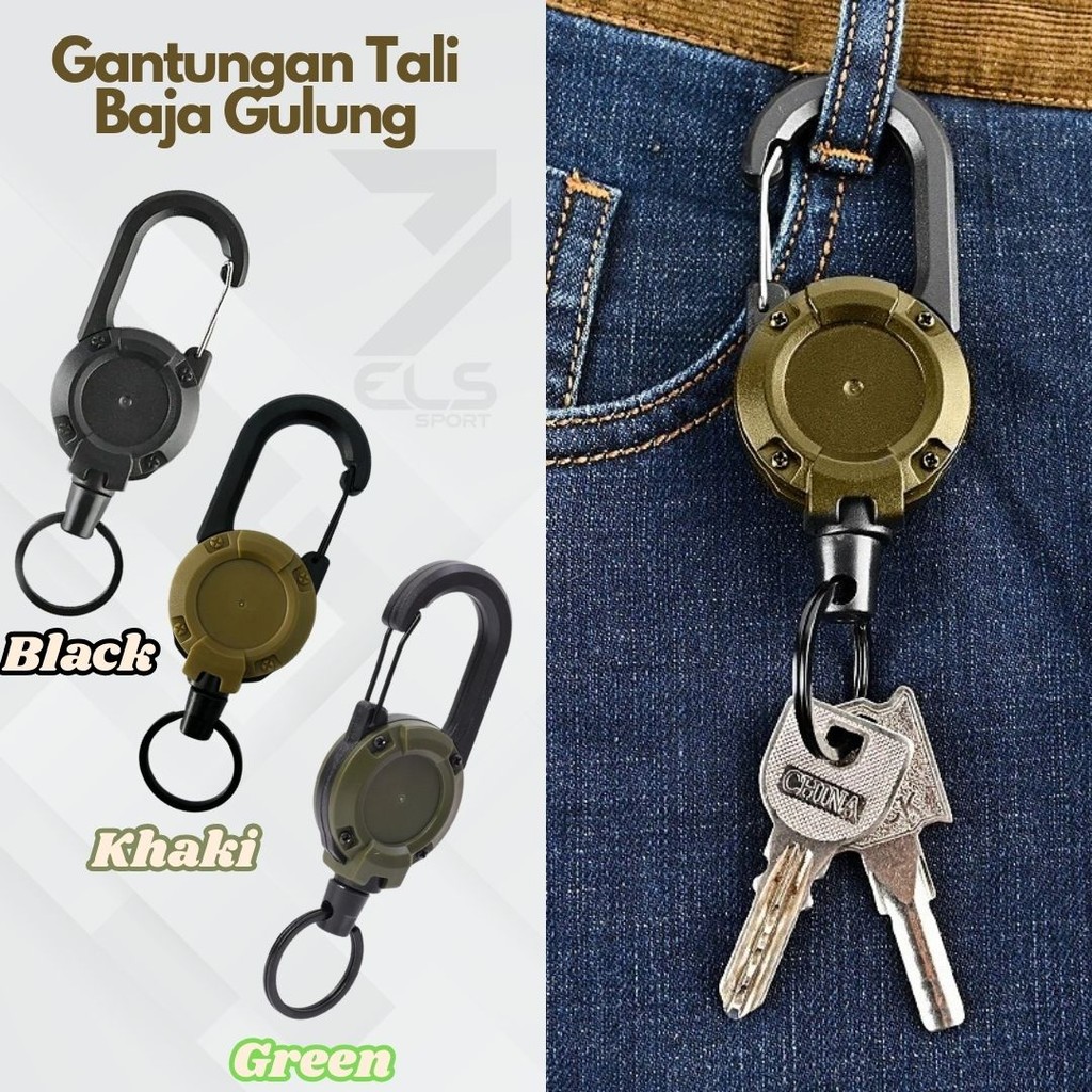 Jual Gantungan Kunci Carabiner Tali Baja Otomatis Gulung - Keychain Id ...