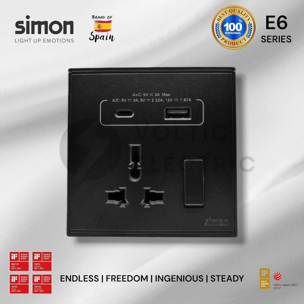 Jual Simon Stop kontak Universal + USB + Type C Simon E6 Black Hitam ...