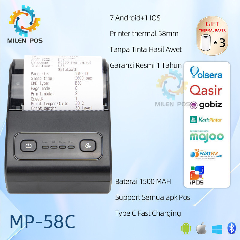 Jual PFREE GIFT 3ROL KERTAS RINTER THERMAL BLUETOOTH MP-58C RPP02 58MM ...