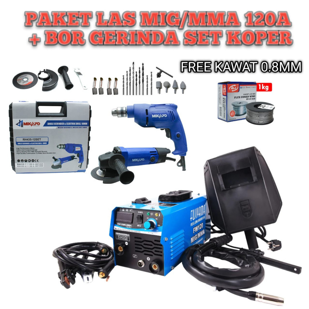 Jual PAKET Mesin Trafo Las Listrik Fujiyama 2in1 MIG/MMA 120A + MESIN BOR GERINDA SET KOPER ...