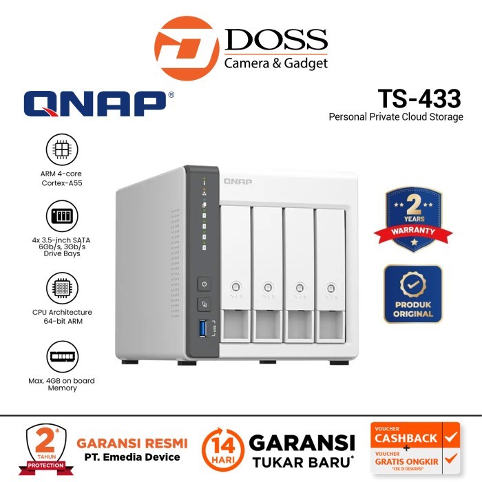 Jual QNAP TS-433-4G RAM 4-Bay Home NAS Personal Private Cloud Storage TS433 | Shopee Indonesia