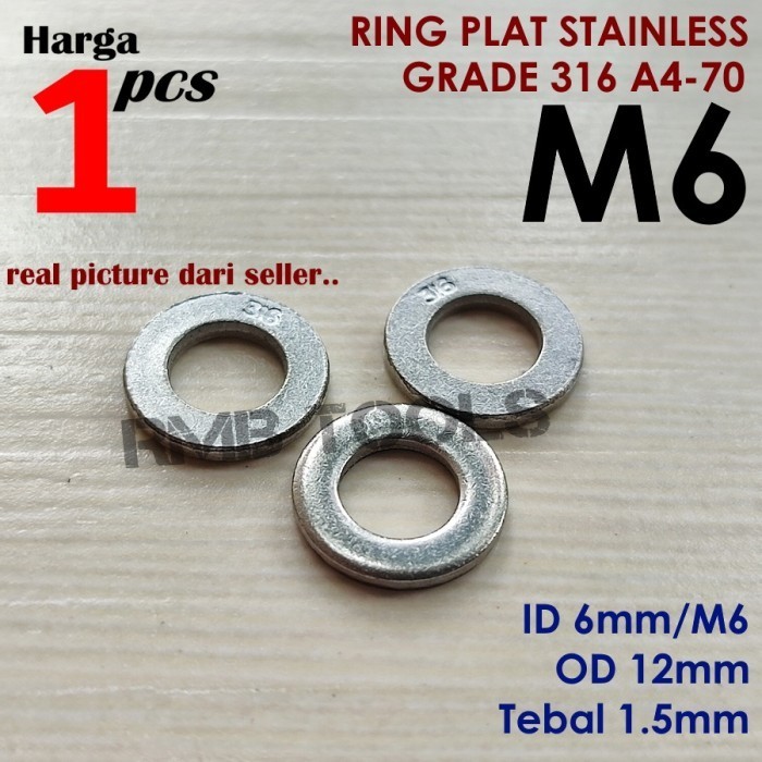 Jual Ring Plat Stainless M6 Tebal 1,5mm OD 12mm SS 316 A4-70 / Washer ...