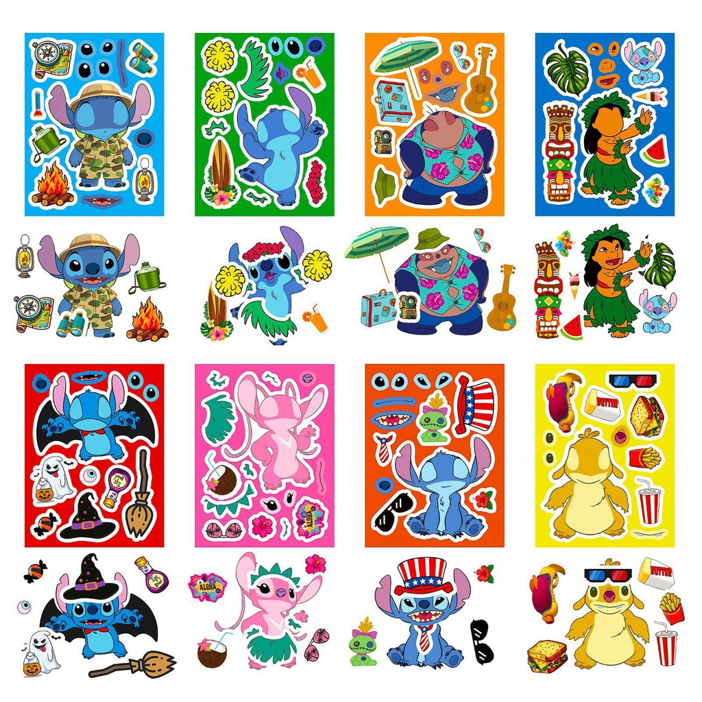Jual 8/16Sheets Disney Cute Stitch Puzzle Stickers Cartoon Make A Face ...