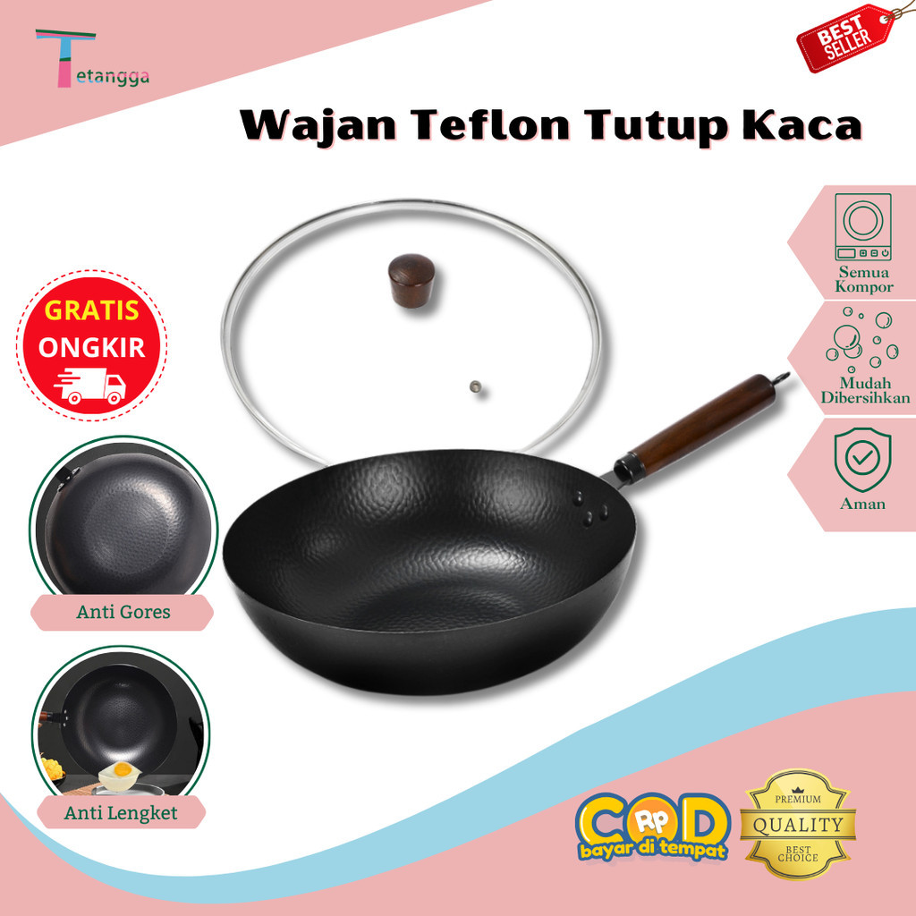 Jual Wajan Teflon Penggorengan Anti Lengket Double Bottom 32cm Teflon Tutup Kaca / Cook & Clean ...