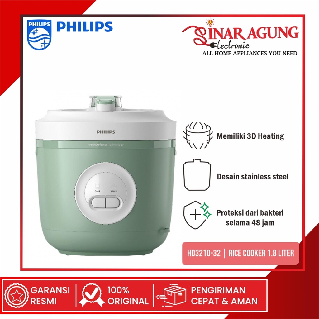 Jual PHILIPS HD3210-32 / HD-3210 RICE COOKER 1.8 LITER NON STICK HIJAU | Shopee Indonesia