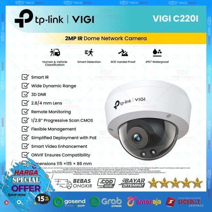 Jual Tp-Link VIGI C220I 2MP | CCTV IR Dome Network Camera H.265 Smart Detection !! | Shopee ...