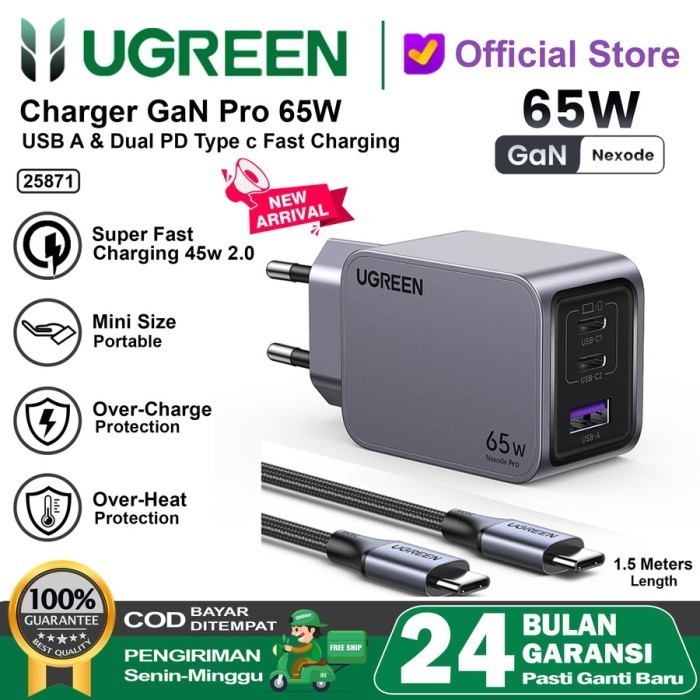 Jual Ugreen Nexode Pro GaN Charger 65w 3 Port USB Type A/C PD QC PPS 1.5M | Shopee Indonesia
