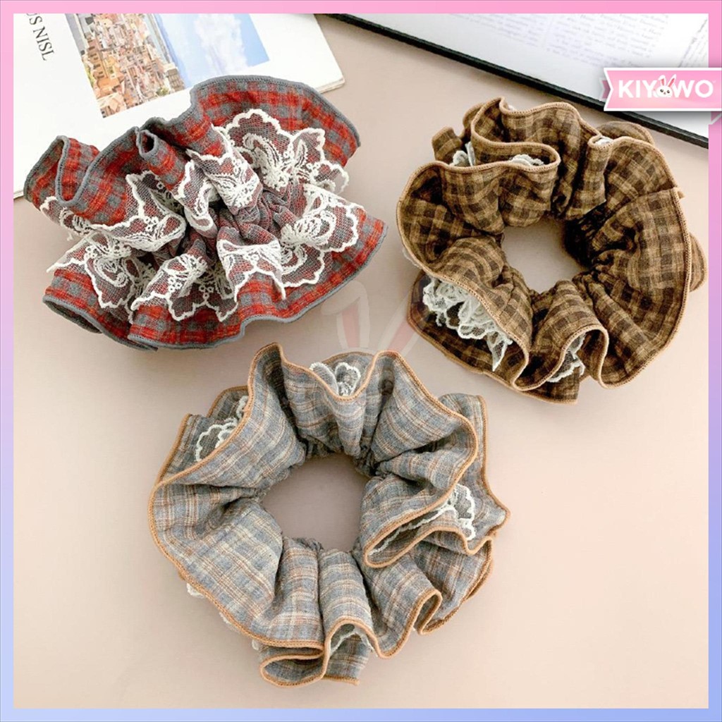 Jual KIYOWO Ikat Rambut Scrunchie Flannel Double Layer Motif Kotak Gaya ...