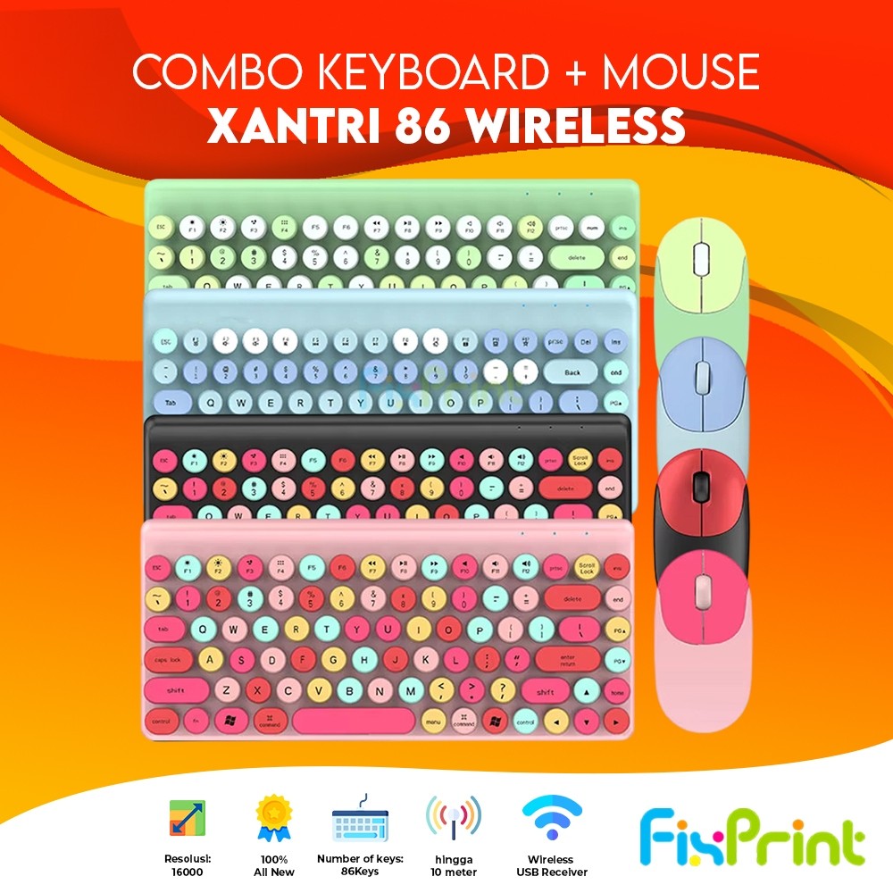 Jual 1 Set Keyboard + Mouse Xantri 86 Keys Wireless Retro Full Color ...