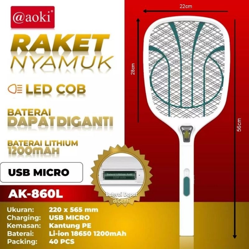 Jual Raket Nyamuk Aoki Insect Killer Pembasmi Nyamuk 860 L Battery Lithium 18650 Rechargeable AK ...