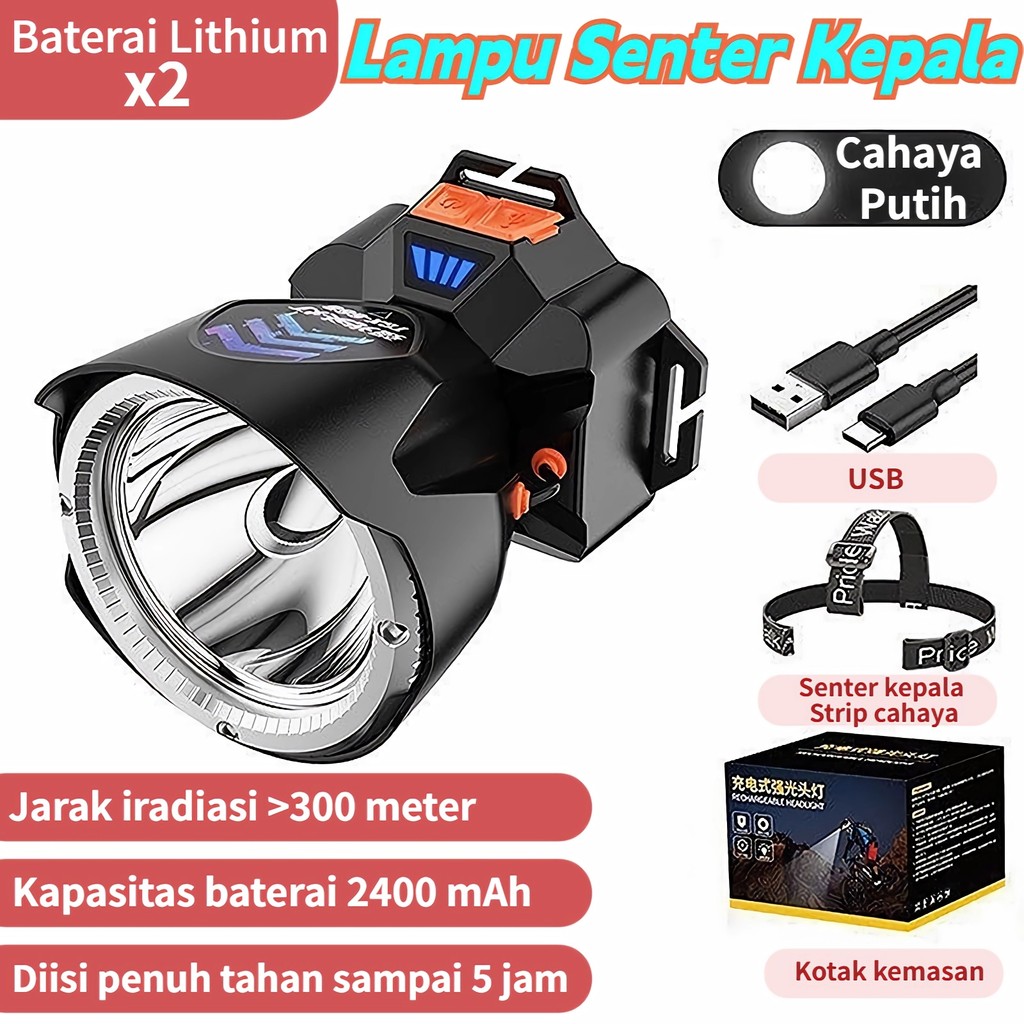 Jual Lampu Senter Kepala /Senter Kepala Cahaya Jarak iradiasi ultra panjang 2400mAh | Shopee ...