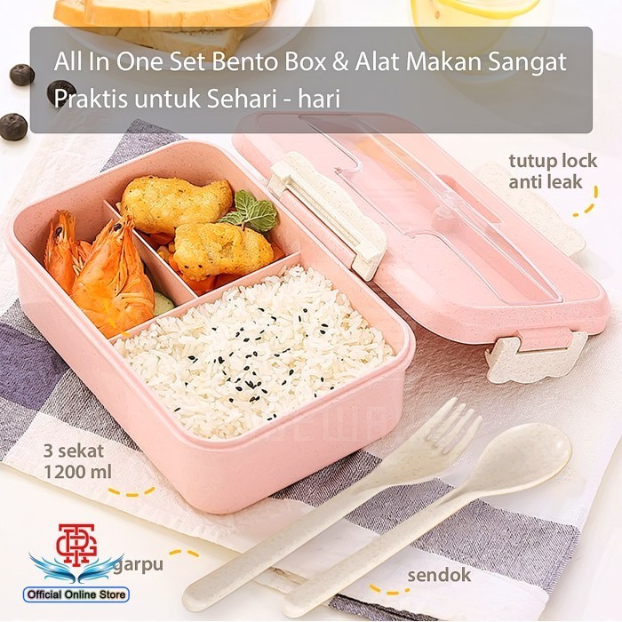 Jual Lunch Box Set Kotak Bekal Makan Jerami Gandum BPA Free Bento Box Nasi 3 Sekat 4 In 1 1000ML ...