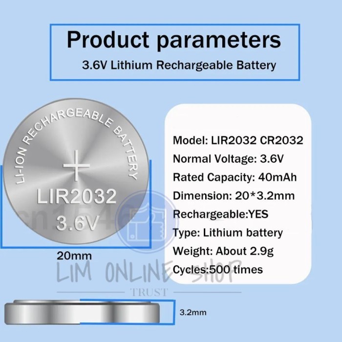 Jual Baterai LIR2032 Rechargeable 3.6V Lithium Battery Coin Cell ...