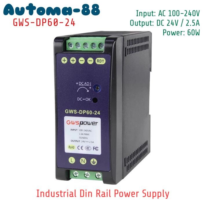 Jual HS2216 GWS Power Supply DC 24V 2.5A 60W Din Rail bukan Meanwell ...