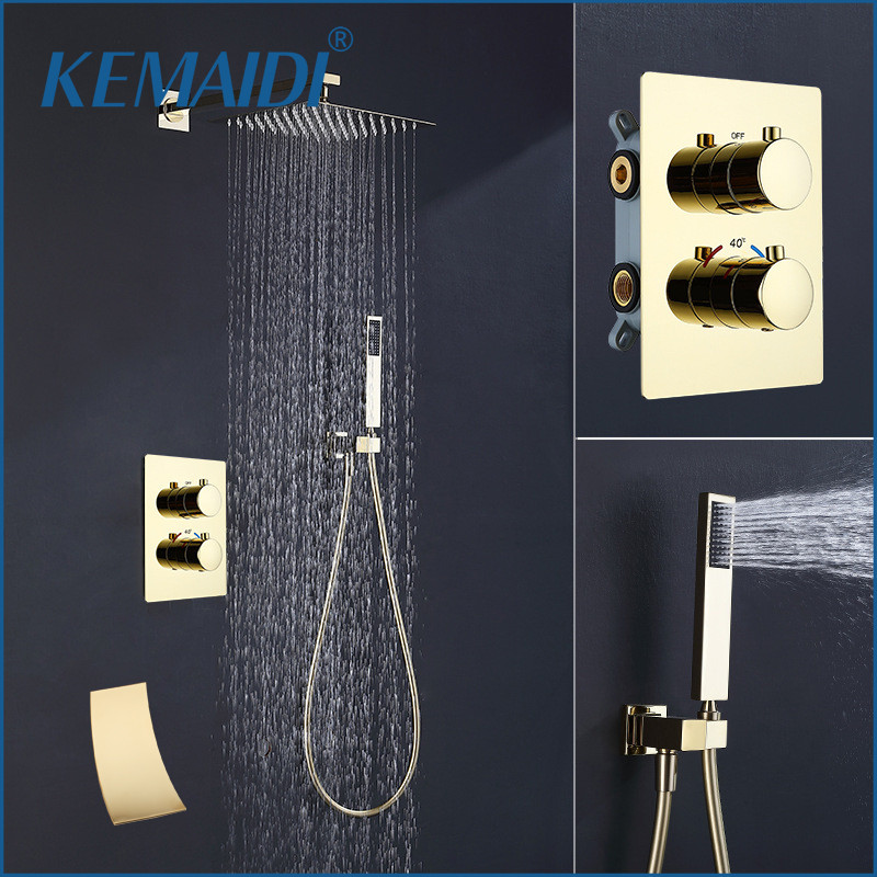 Jual Bathroom Brass Thermostatic Rainfall Shower Faucet Set Gold Concealed Shower System ...
