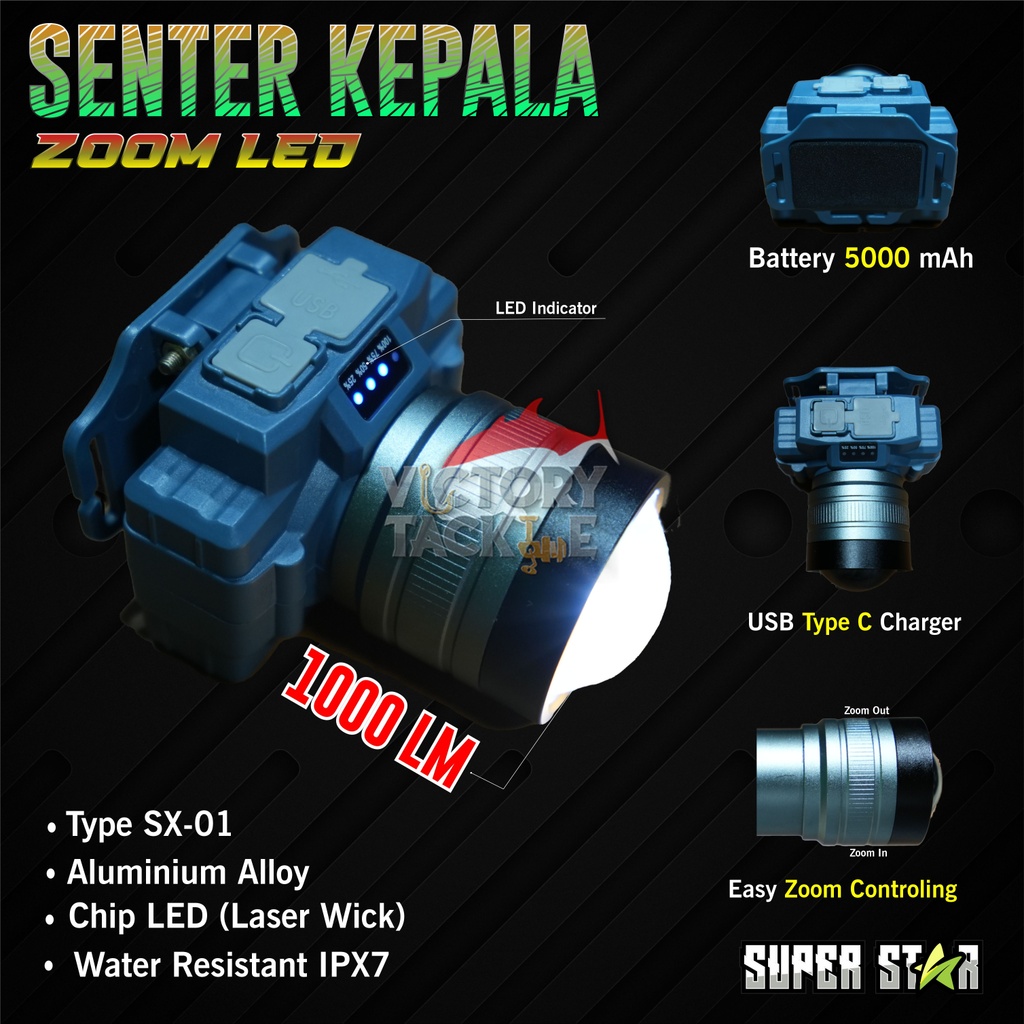 Jual Senter Pancing Superstar SX-01 Senter Kepala Super Terang Zoom Led Laser 5000 mAh Bahan ...
