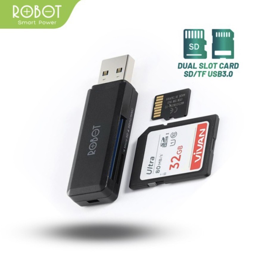 Jual ROBOT CR102 Card Reader Usb 3.0 TF / Sd With 2 Slot Hub Black ...