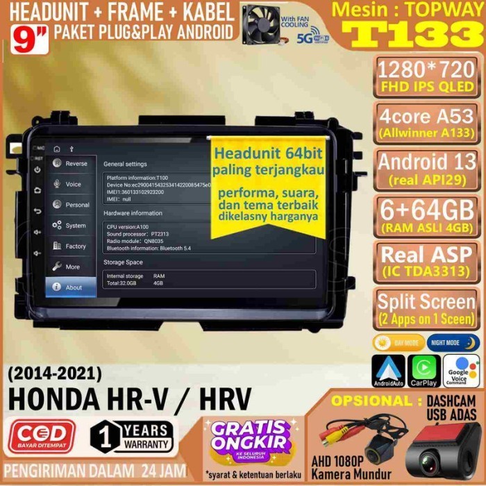 Jual Paket Headunit Android 9 inch + Frame + Soket PNP Honda HRV HR-V 2014 Topway T133 RAM 6GB ...