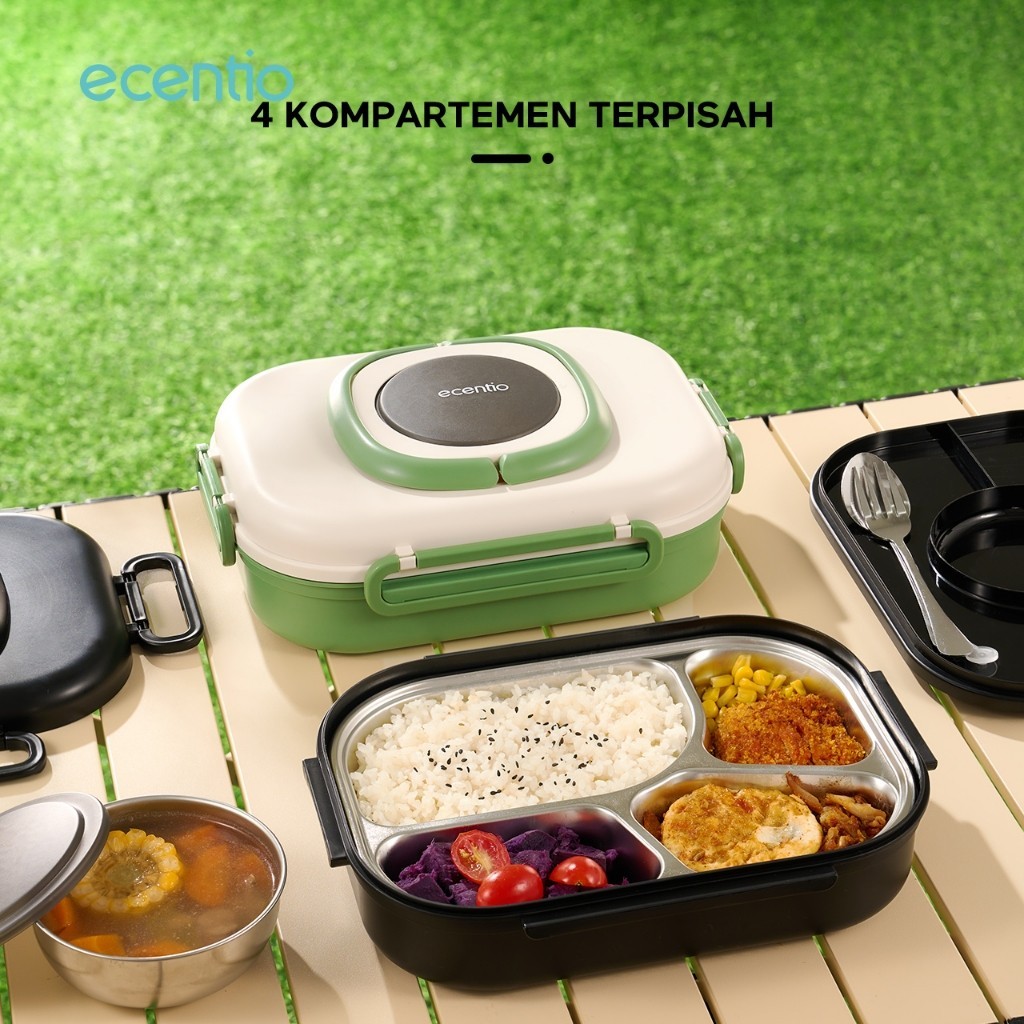 Jual ECENTIO Black Green Lunch Box Stainless 1100ml Free Tempat Sup ...