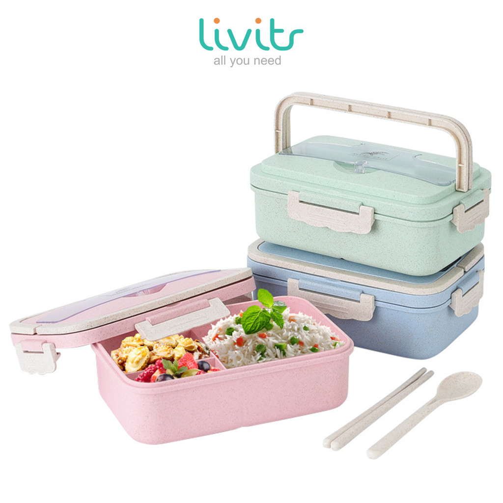 Jual LUNCH BOX SET KOTAK BEKAL MAKAN JERAMI GANDUM KOTAK MAKAN 1000ML 4-IN-1 FREE SENDOK TEMPAT ...