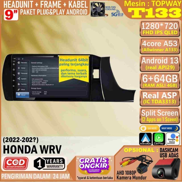 Jual Paket Headunit Android 9 inch + Frame + Soket PNP Honda WRV WR-V Topway T133 RAM 6GB-ROM ...