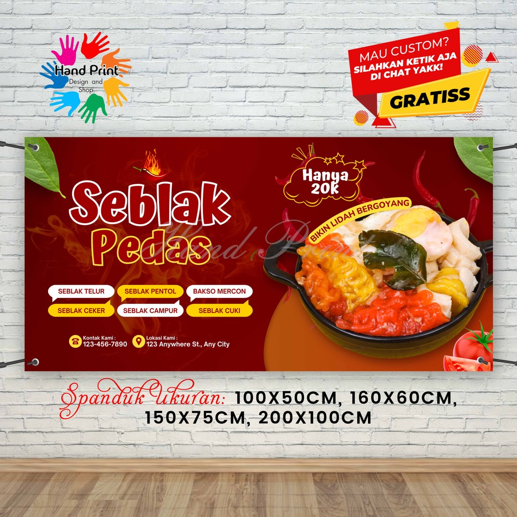 Jual Cetak Spanduk Banner Seblak Merah Pedas MMT Spanduk Custom 200x100 ...