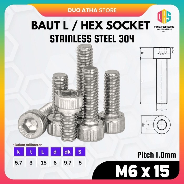Jual Baut L M6x15 Stainless Steel 304 / Hex Socket Screw Bolt M6 x 15 SS304 | Shopee Indonesia