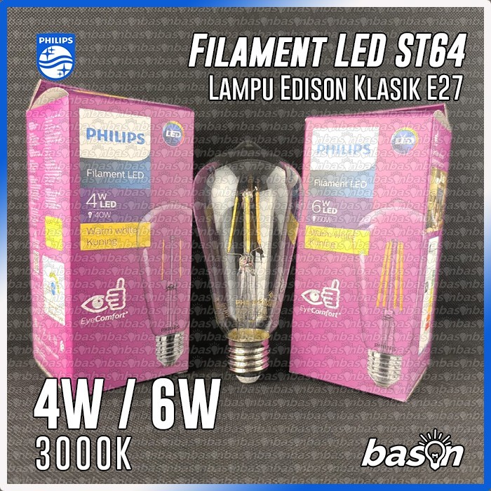 Jual PHILIPS LED Classic ST64 E27 Warm White Kuning 4W / 6W ...