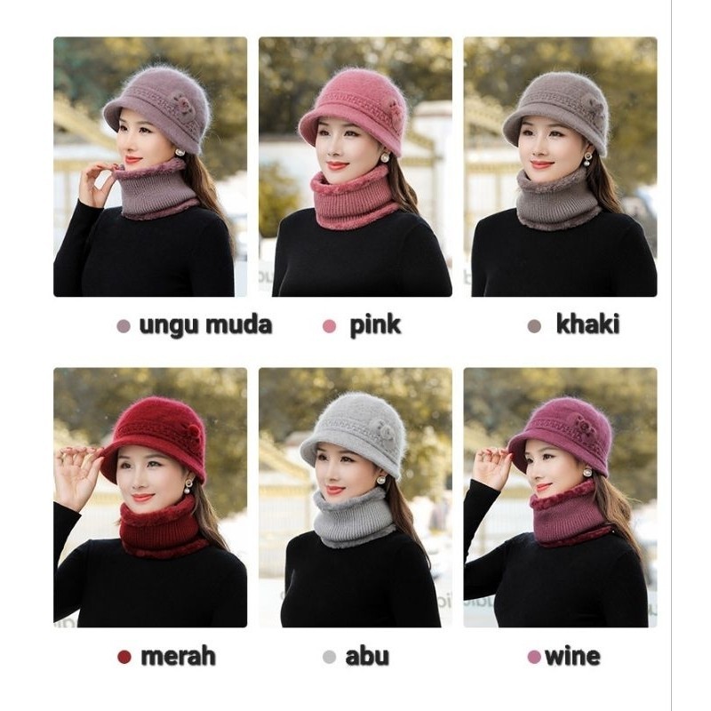 Jual AHJUMMA HAT + SCARF SET PREMIUM WINTER THERMAL CASHMERE TOPI SYAL ...