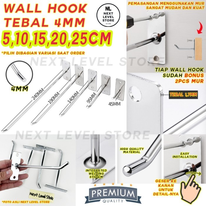 Jual Wall Hook Tebal 4mm 5 10 15 20 25 CM - FREE 2 MUR Cantolan Display ...