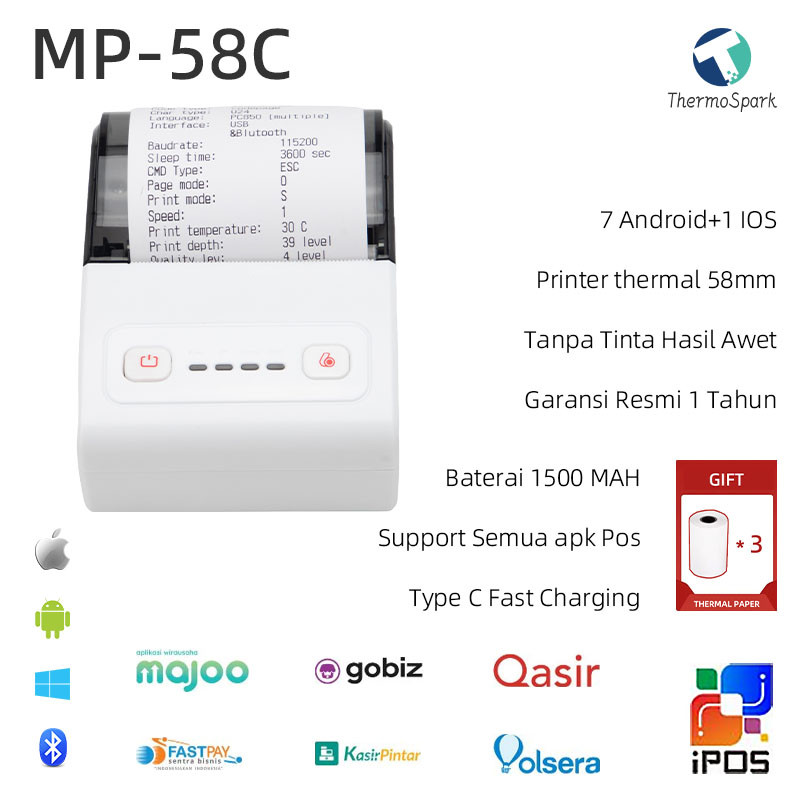 Jual PRINTER BLUETOOTH THERMAL MP-58C 58mm SUPPORT FAST CHARGE ...