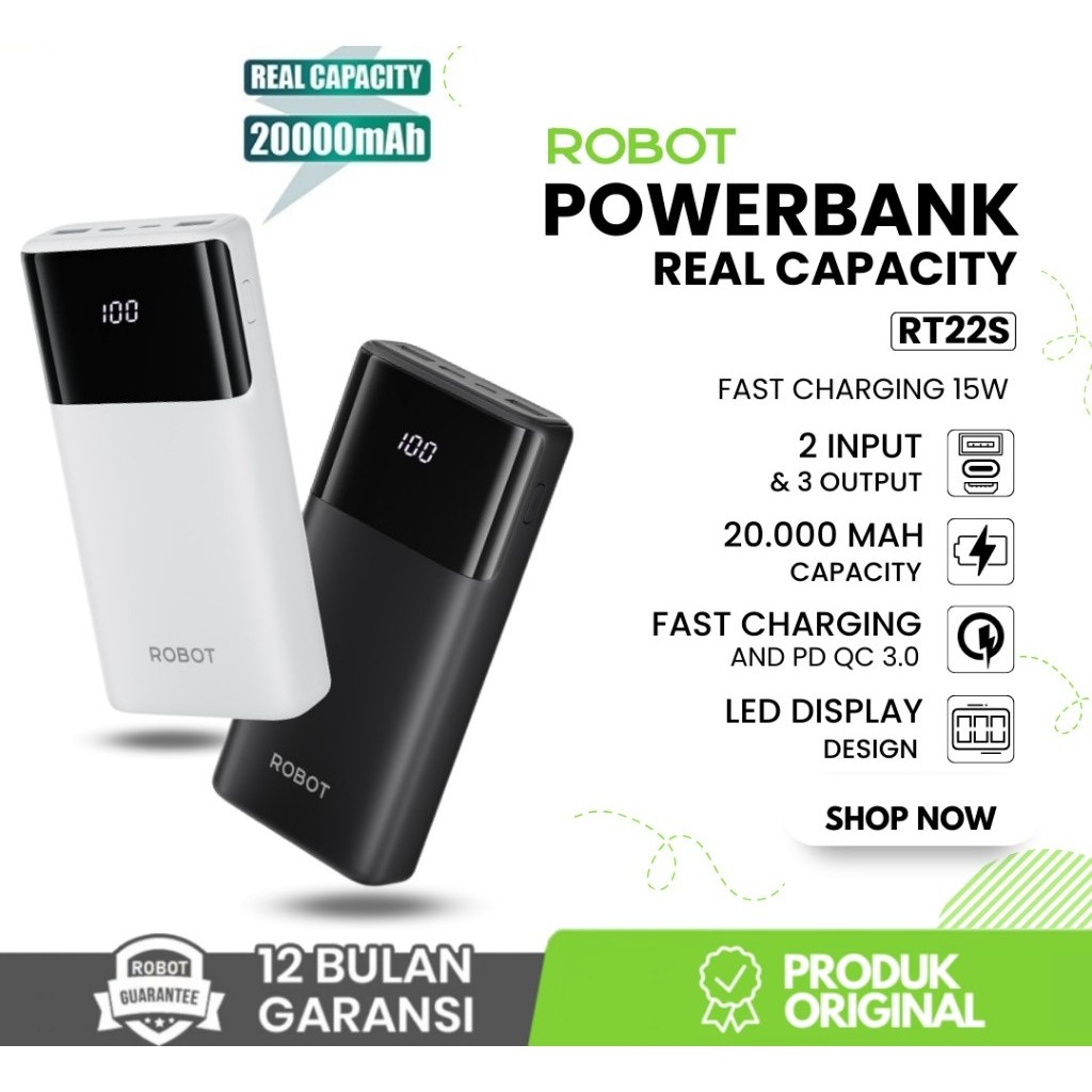 Jual Powerbank Robot 20000Mah RT22S LED INDIKATOR Smart Powerbank Fast ...