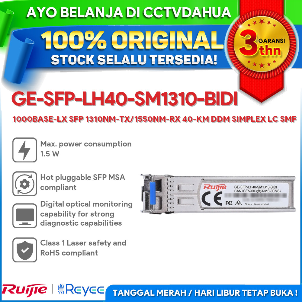 Jual RUIJIE REYEE GE-SFP-LH40-SM1310-BIDI 1000BASE-LX SFP 1310NM-TX/1550NM-RX 40-KM DDM SIMPLEX ...