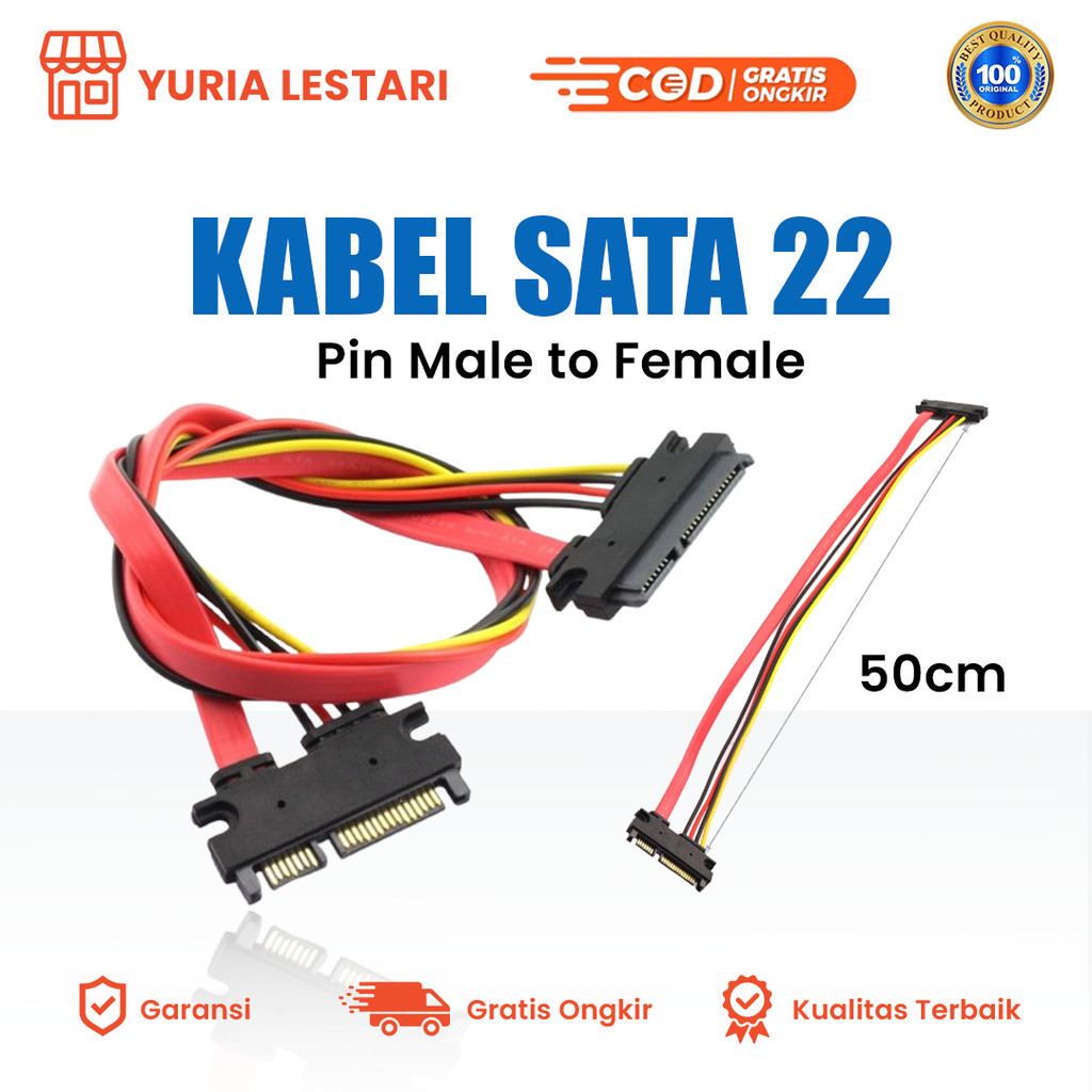 Jual Kabel Sata 22 Pin Male Female Data Power Extension cable combo Hdd ...