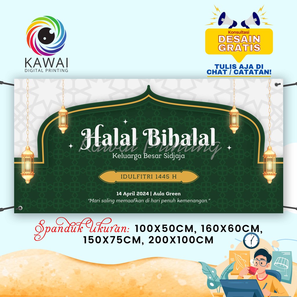 Jual SPANDUK / BANNER Halal Bihalal Hijau Putih Golden Free Desain ...