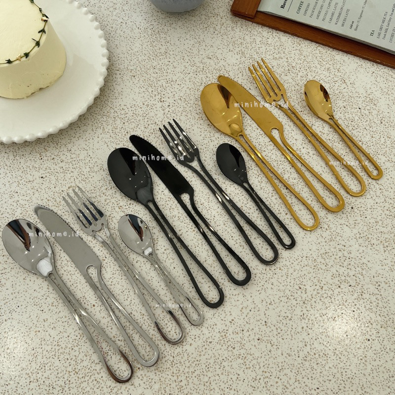 Jual MINIHOME - HOLE Cutlery Perlengkapan Makan Sendok Garpu Pisau Aesthetic Stainless Steel Ala ...