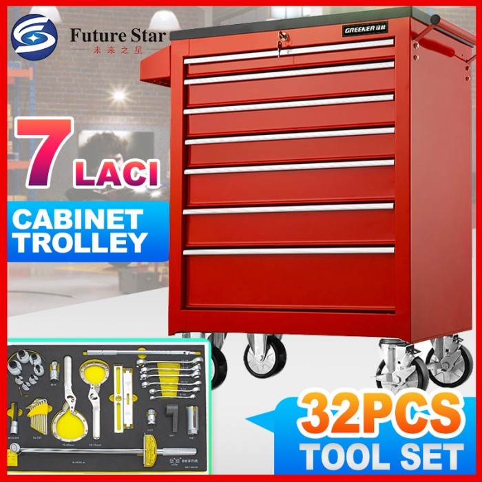 Jual Tool Box Cabinet Trolley 7 Drawer Susun Laci +32pcs Tool Kit Set ...