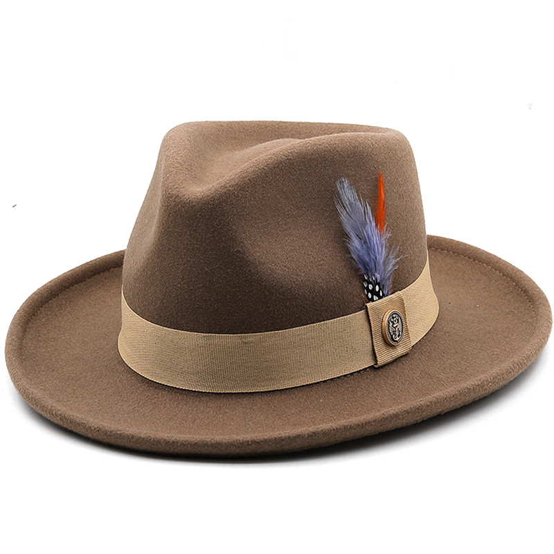 Jual New Feather band Wool Felt Jazz Fedora Hat Women Unisex Wide Brim ...