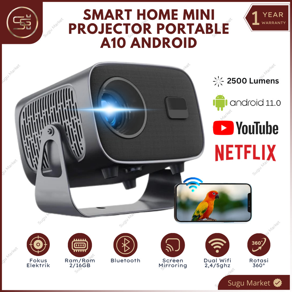 Jual Proyektor Mini LED A10 Android 11.0 2500 Lumens Wifi Bluetooth I ...