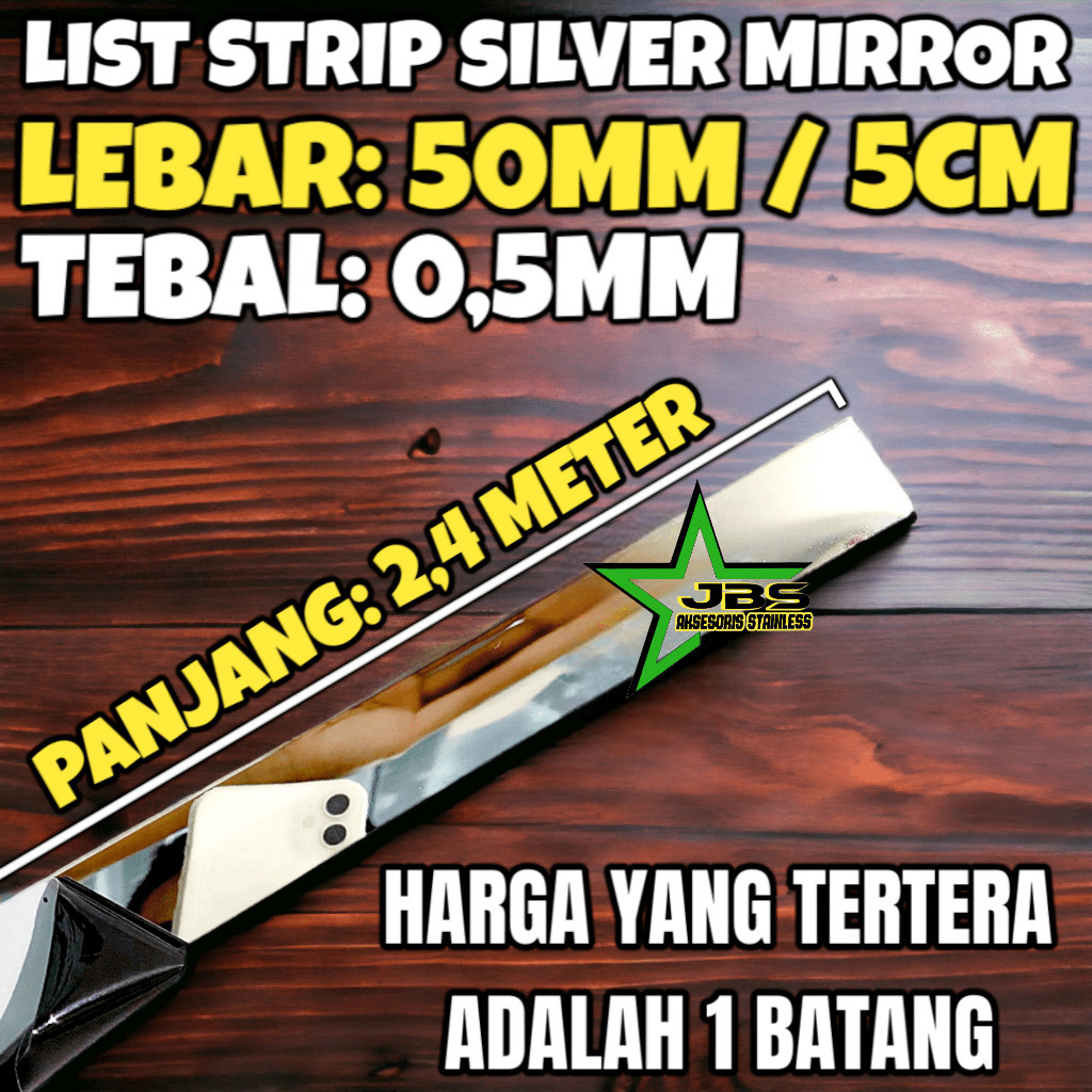Jual LIST PLAT STRIP MIRROR SILVER SILVER 50×2.438MM(243,8CM)xT.0,5MM ...