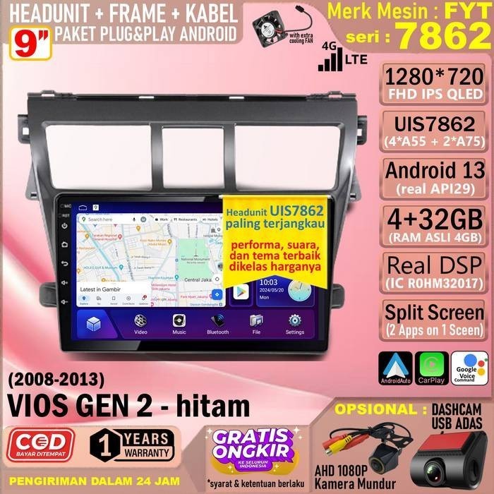 Jual Paket Headunit Android 9 inch + Frame + Soket PNP Toyota Vios Gen ...
