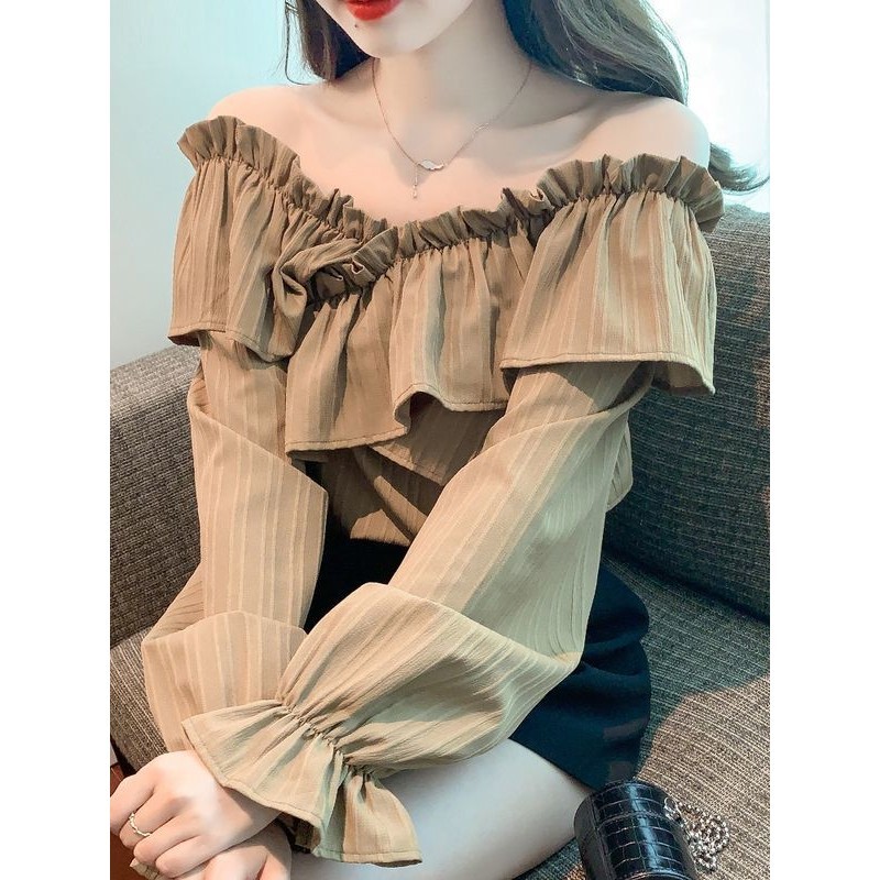 Jual Kemeja sifon leher satu kata tepi ruffle silang 2024 desain musim ...