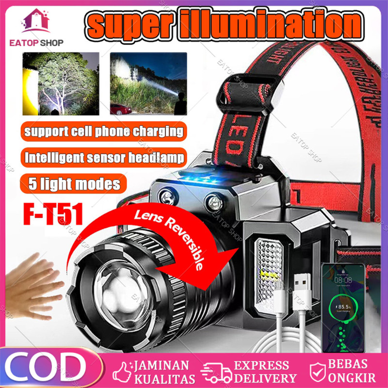 Jual Lampu Kepala LED/Headlamp F-T51/Super Terang 5000 Lumen/USB Charging Senter/Dengan Sensor ...