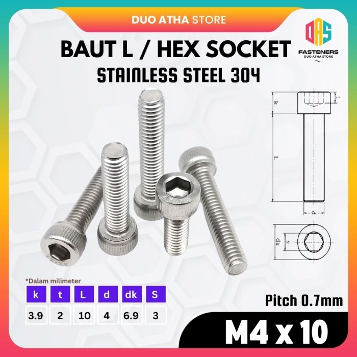 Jual Baut L M4x10 Stainless Steel 304 / Hex Socket Screw SS304 | Shopee Indonesia