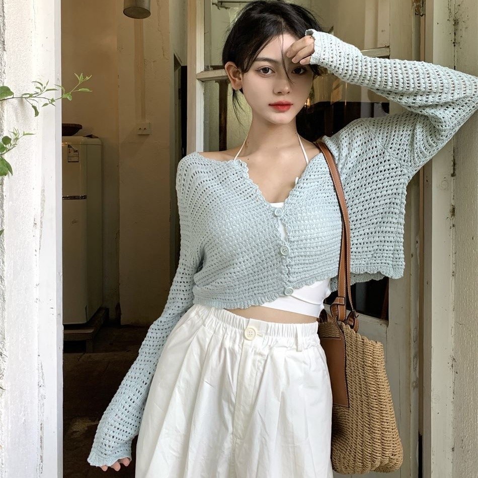 Jual Sweater rajutan berongga gaya Korea, kardigan longgar, atasan ...