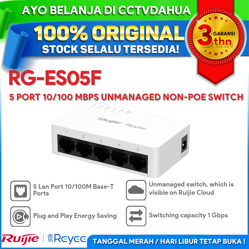 Jual RUIJIE REYEE RG-ES05F 5 PORT 10/100 MBPS UNMANAGED NON-POE SWITCH PLASTIC CASE | Shopee ...